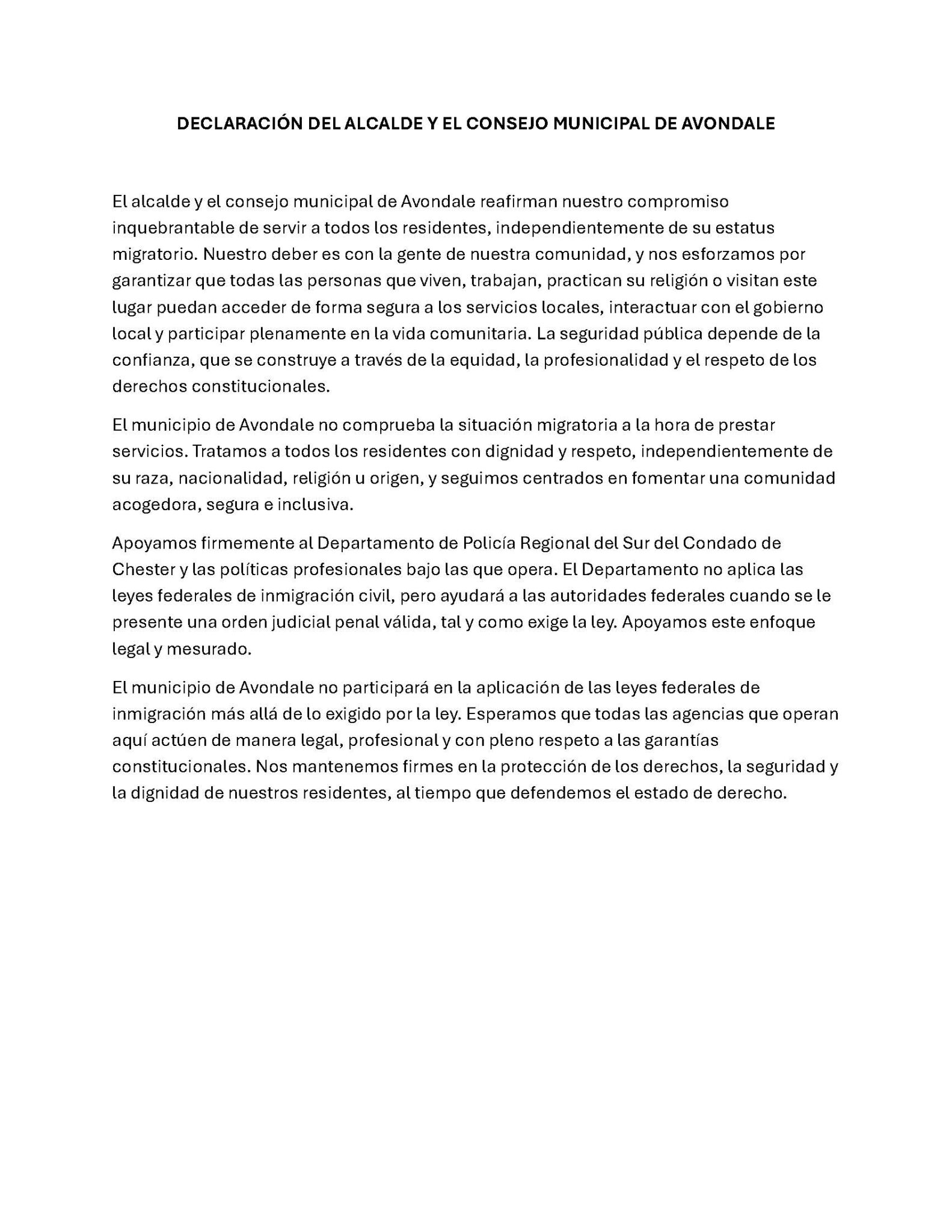 DECLARACION DEL ALCADLE Y EL CONSEJO MUNICIPAL DE AVONDALE – Avondale ...
