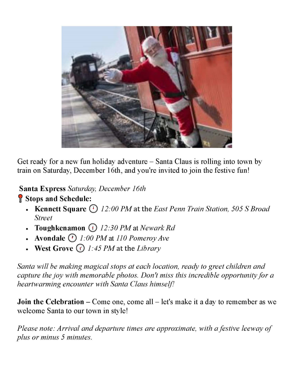 SANTA IS COMING TO AVONDALE BY TRAIN – Avondale Borough